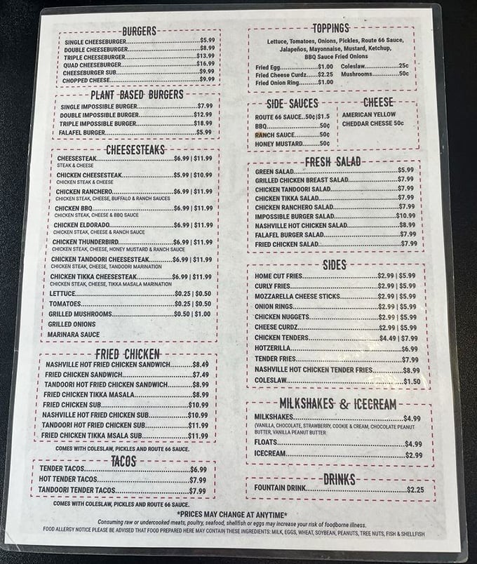 The menu reads like a love letter to American comfort food classics, with enough options to satisfy road warriors and picky eaters alike.