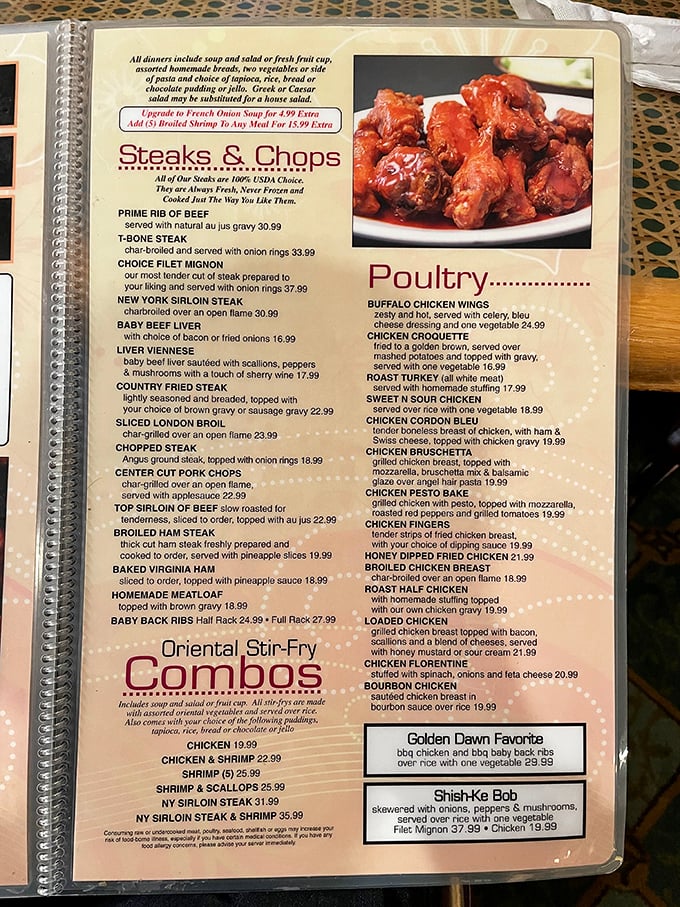 This menu isn't just reading material—it's a roadmap to happiness. The "upgrade to French Onion Soup" option might be the wisest financial decision you'll make all week.