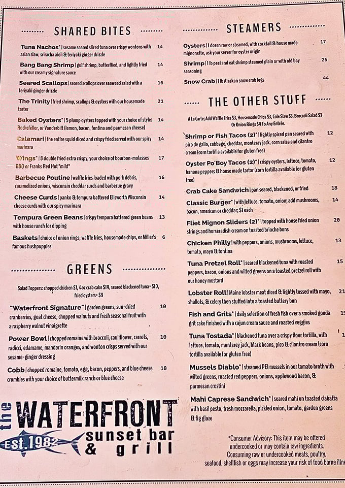 The menu reads like a love letter to the ocean – "Bang Bang Shrimp" and "Seared Scallops" are just the opening lines.