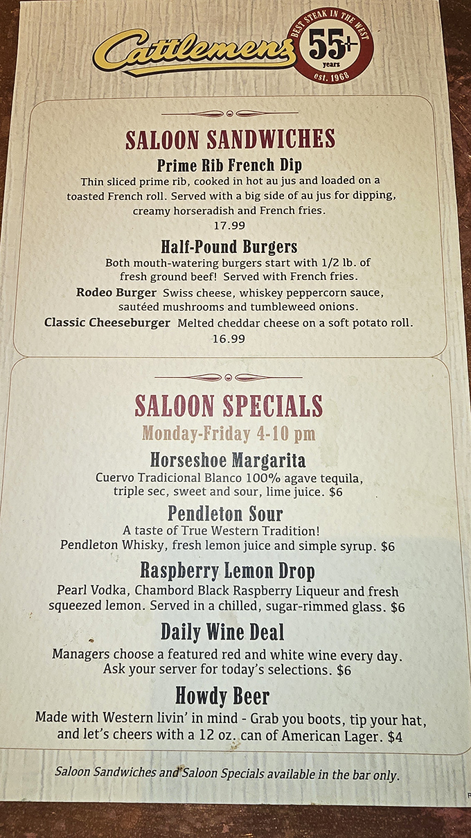 The menu at Cattlemens doesn't mince words – it promises straightforward deliciousness with cowboy flair and delivers exactly that.