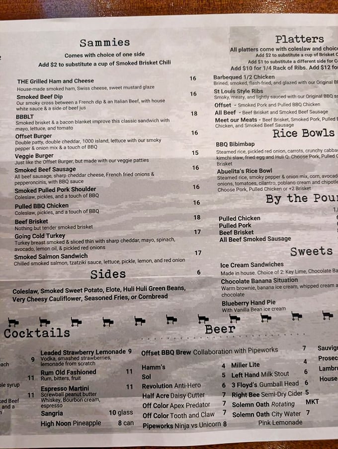 The menu reads like a love letter to smoked meats – from sammies to platters, each option promises a different path to barbecue bliss.