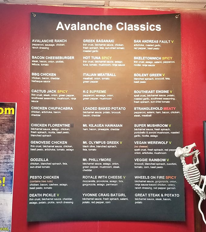 The menu board reads like a culinary adventure novel – each pizza name promising its own unique plot twist of flavors.
