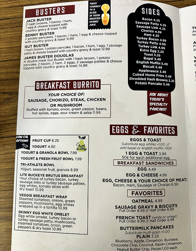 The menu reads like a love letter to morning indulgence. Those "Busters" aren't just breakfast combinations—they're challenges worth accepting.