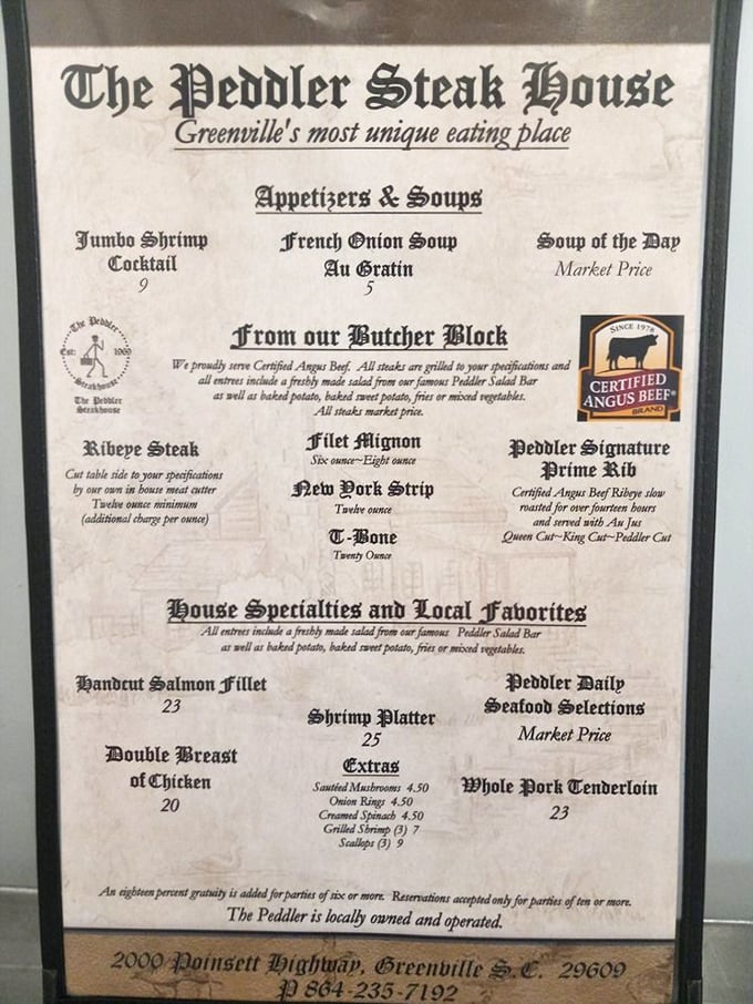 The menu reads like a love letter to carnivores – simple, straightforward, and promising delicious satisfaction.
