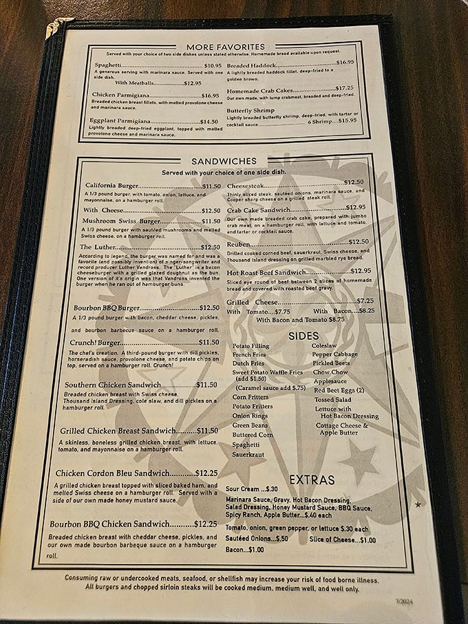 This menu isn't just a list of food—it's a cultural artifact showcasing Pennsylvania Dutch classics alongside American favorites. Decision paralysis has never been so delicious.