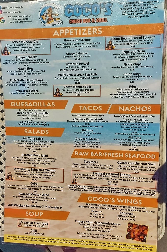 A menu that reads like a love letter to Maryland seafood traditions, transplanted to Florida's sunny shores with a splash of coastal creativity.