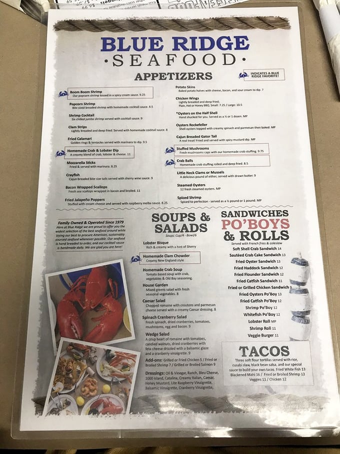 The menu reads like a love letter to the Chesapeake Bay, with "Blue Ridge Favorites" starring in the seafood romance.