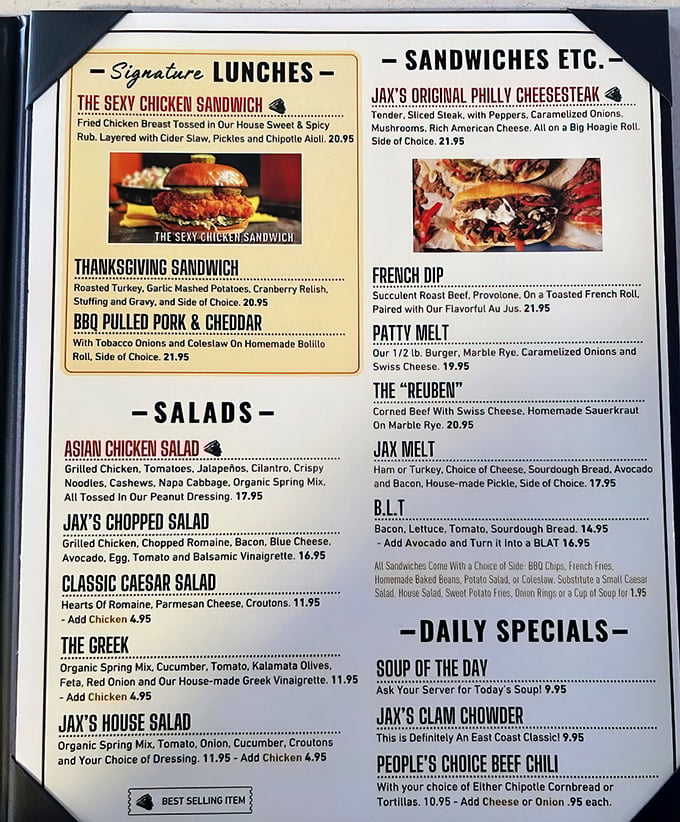 The menu reads like a love letter to comfort food, with "The Sexy Chicken Sandwich" stealing the spotlight as the headliner.