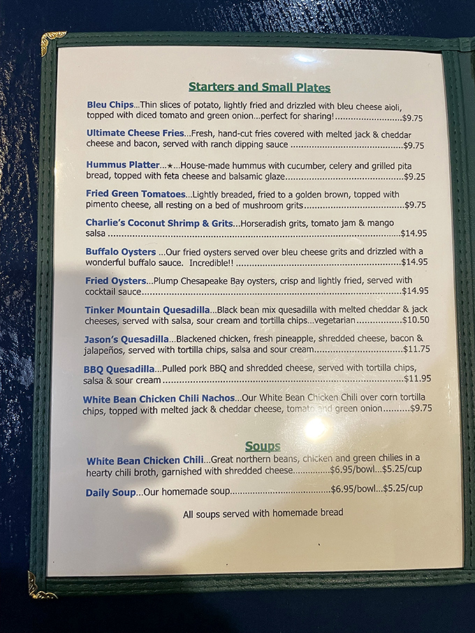 A menu that reads like a love letter to comfort food—each description promising a dish worth the drive.