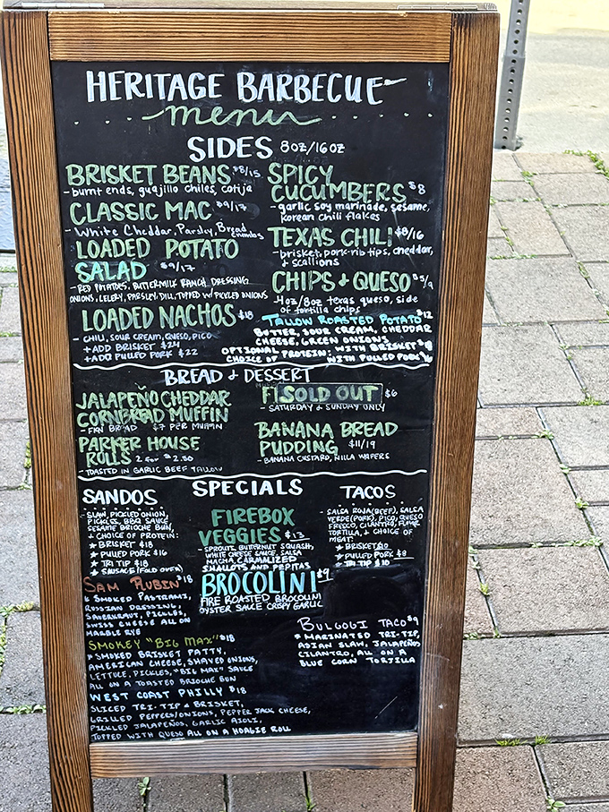 This isn't just a menu—it's a roadmap to happiness. The loaded potato salad alone would make a potato farmer weep with pride.
