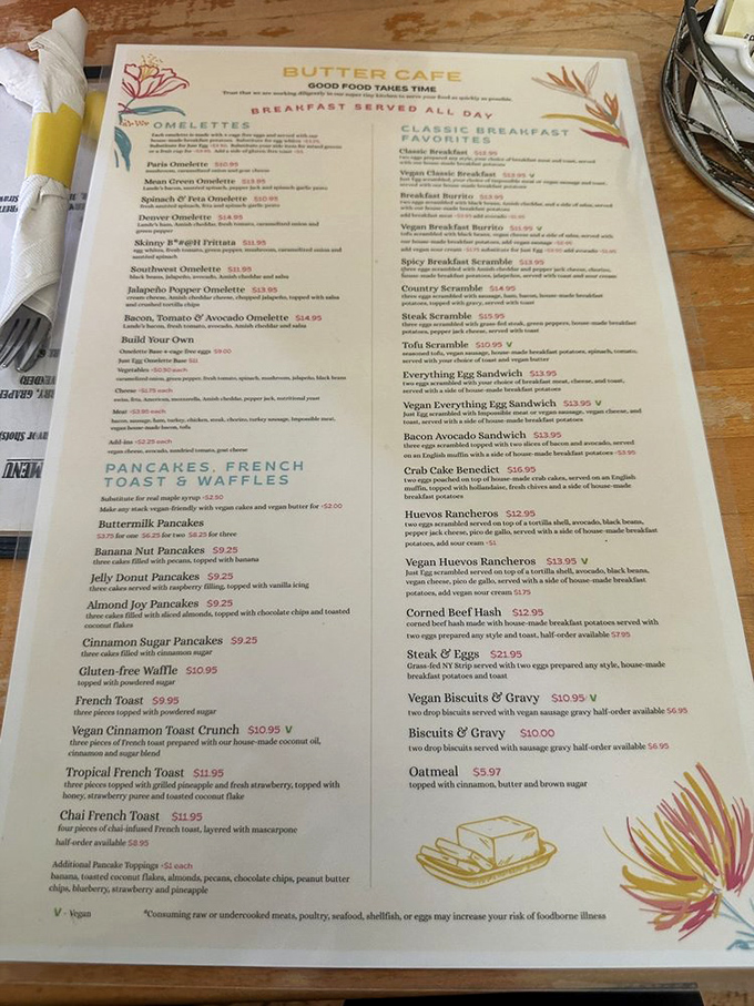 This menu isn't just a list of options—it's a roadmap to breakfast nirvana with detours through pancake paradise and omelet heaven.