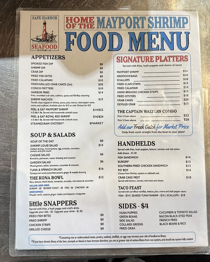 The menu reads like a love letter to the Atlantic – Mayport shrimp, fresh catch, and seafood prepared with respect rather than pretension.