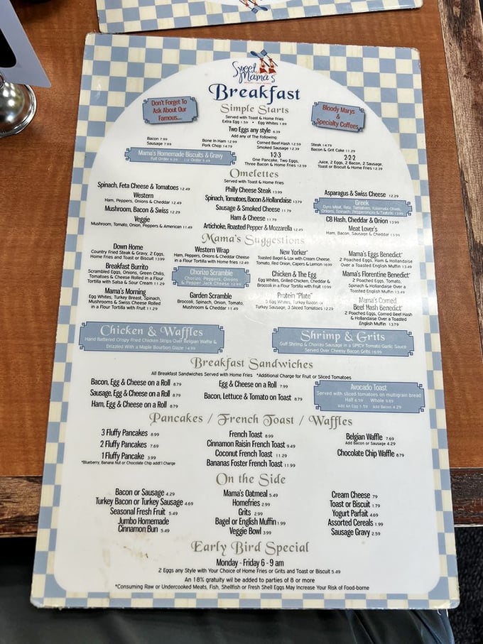 This menu isn't just a list of dishes—it's a roadmap to happiness with "Mama's Suggestions" serving as the scenic route.