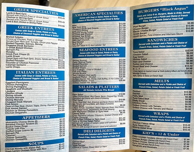 This menu isn't messing around—Greek, Italian, American, and seafood all under one roof. It's like the United Nations of comfort food.