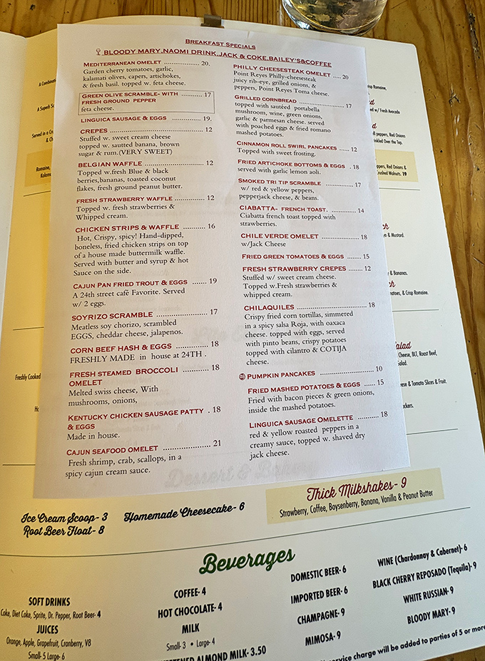 This menu isn't just a list of options—it's a roadmap to breakfast nirvana with everything from Mediterranean omelets to cinnamon roll pancakes.