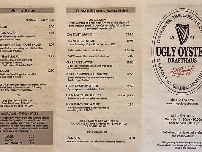 This menu isn't just a list of food—it's a roadmap to happiness with prime rib as the final destination. The "Poor Man's Surf & Turf" proves luxury isn't always about price.