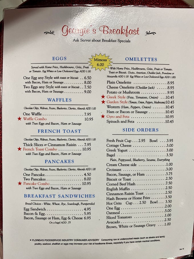 The breakfast menu reads like a love letter to morning classics, with stars marking must-try specialties that locals swear by.