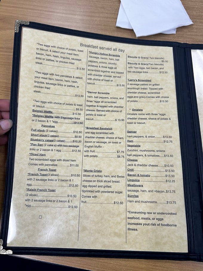 The menu reads like a love letter to breakfast classics. No molecular gastronomy here, just honest food that understands what morning hunger truly demands.