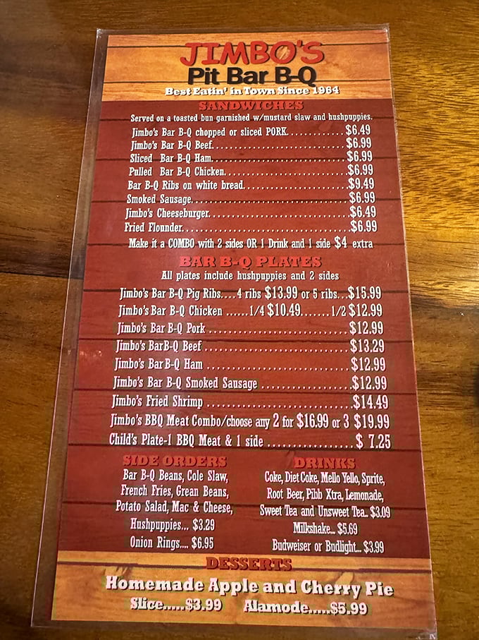 The menu board tells a straightforward story: this is a place that knows exactly what it is. No fusion confusion, just barbecue classics done right.
