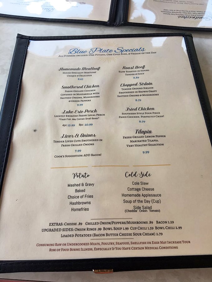 The Blue Plate Specials menu reads like a love letter to Midwest comfort food—liver and onions with bacon? Someone's grandma definitely approved this.