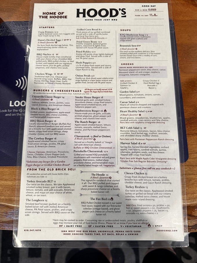 A menu that reads like a love letter to comfort food. "Home of the Hoodie" isn't just clever marketing—it's a promise of pulled pork perfection.