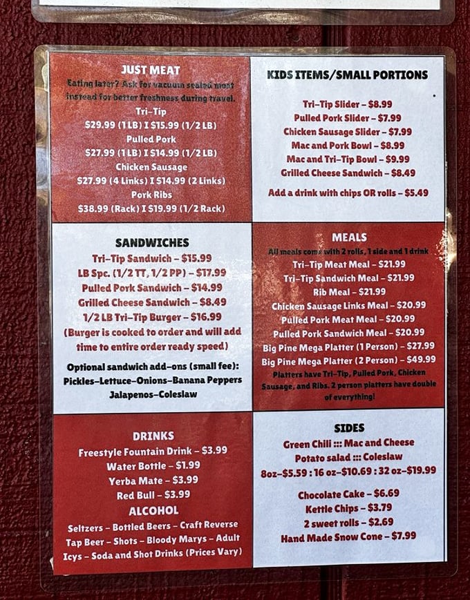 A menu that reads like poetry to carnivores – tri-tip, pulled pork, and ribs taking center stage in this Eastern Sierra meat symphony.