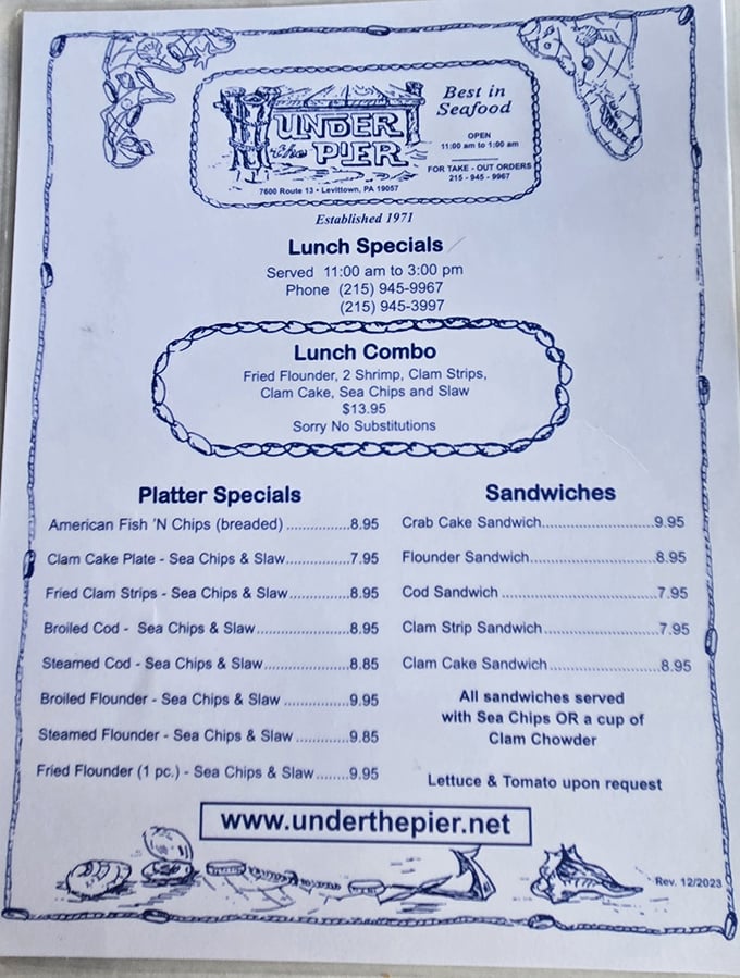 This simple menu holds more treasures than Blackbeard's chest – pure seafood poetry in blue ink.