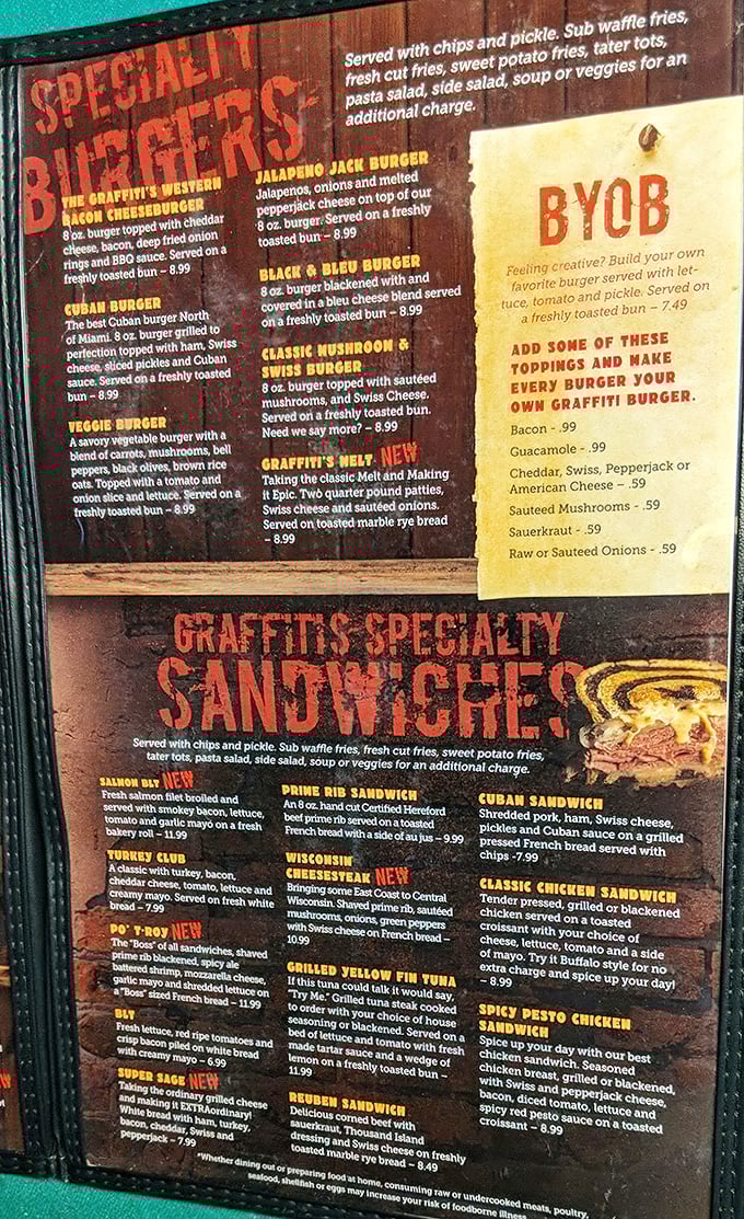 The menu reads like a love letter to American pub classics, with each specialty burger and sandwich promising the kind of satisfaction that makes diets tomorrow's problem.