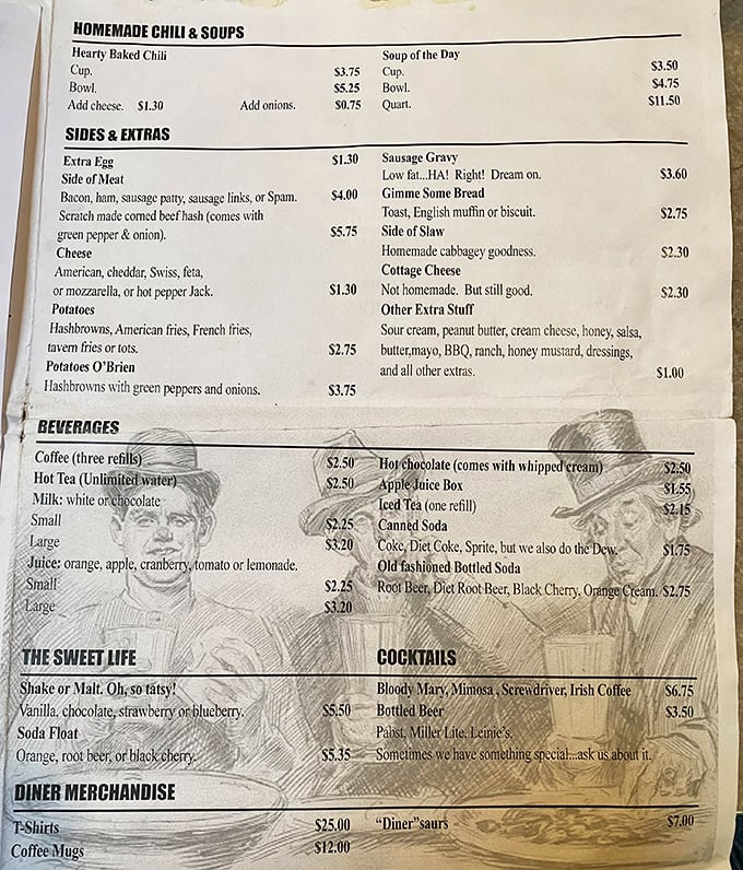 A menu that tells it like it is—note the sausage gravy description: "Low fat...HA! Right! Dream on." Honesty tastes better than pretension any day.