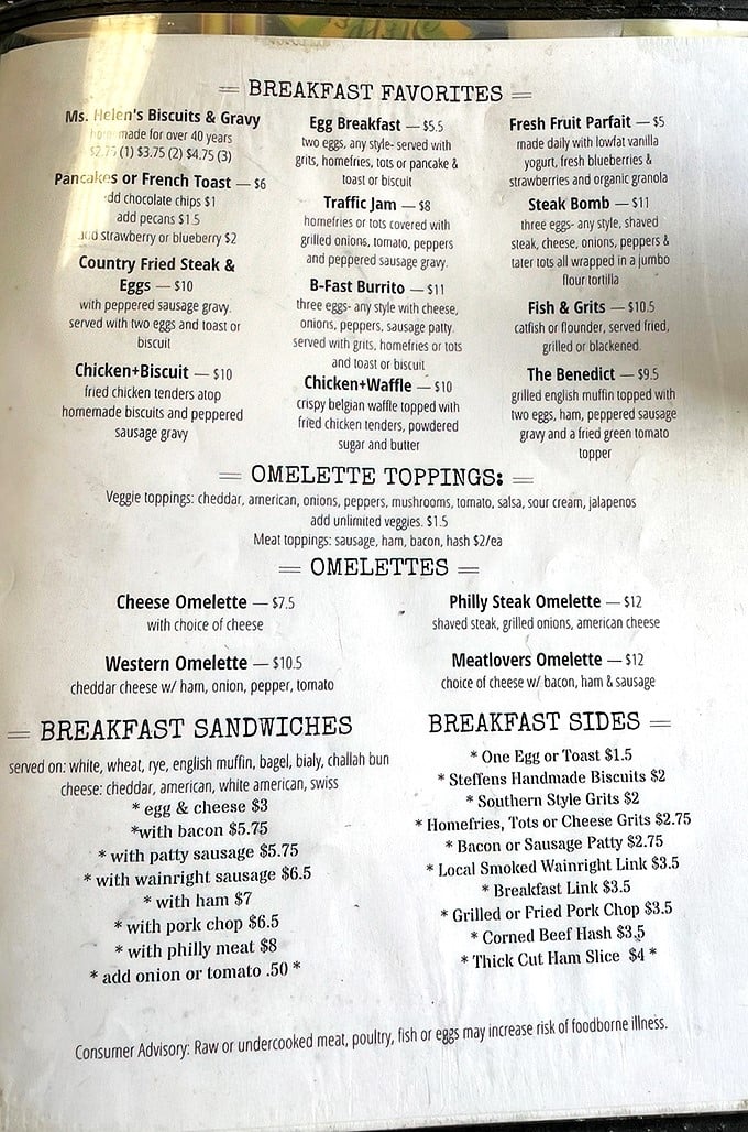 This menu reads like a love letter to Southern breakfast traditions. Ms. Helen's Biscuits & Gravy have been comforting souls for over four decades!