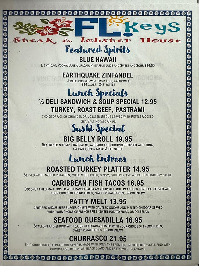 This menu isn't just a list of food—it's a roadmap to culinary bliss where Caribbean fish tacos and Latin-fusion churrasco share equal billing with classic steakhouse fare.