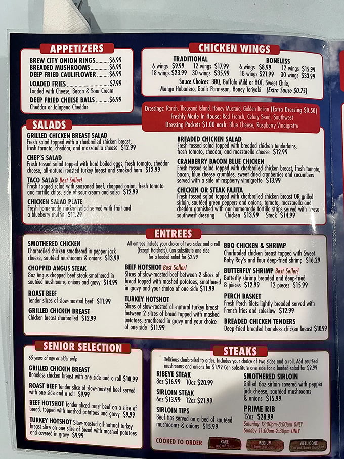 This menu isn't just a list of food—it's a roadmap to happiness. The "Beef Hotshot" alone sounds like something that should require a pilot's license.