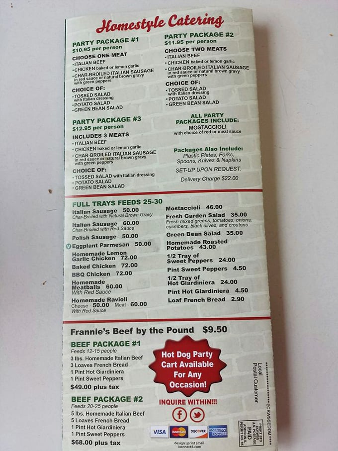 This menu isn't just a list of food—it's a roadmap to happiness. The catering options prove that Frannie's isn't just for lunch; it's for life's celebrations too.