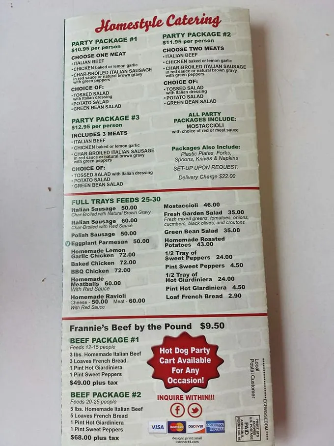 This menu isn't just a list of food—it's a roadmap to happiness. The catering options prove that Frannie's isn't just for lunch; it's for life's celebrations too.