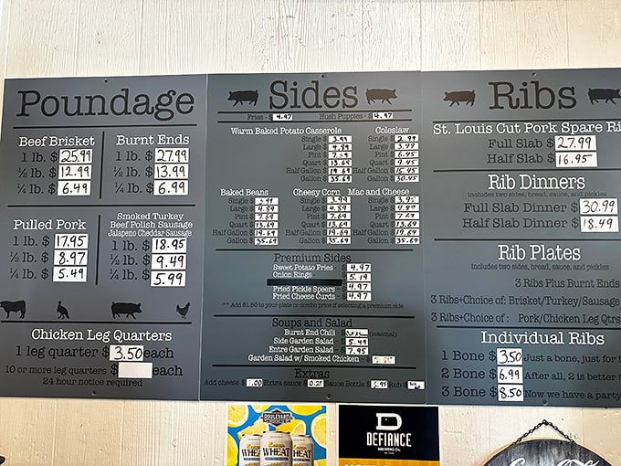 The menu board tells a story of smoked meat possibilities – a choose-your-own-adventure where every ending is delicious.