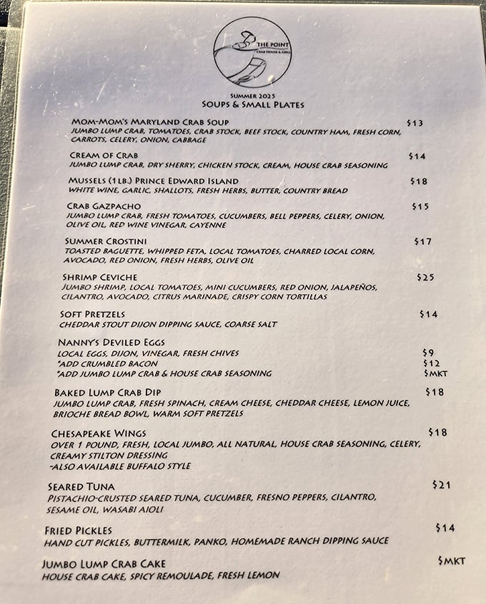This menu reads like seafood poetry – "jumbo lump crab" appears so often it should have its own Maryland zip code.