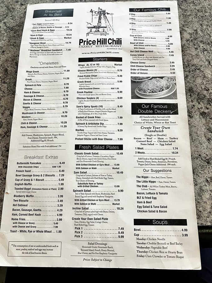 The menu – a roadmap to Cincinnati's culinary soul. Notice the "ways" system that defines proper chili ordering protocol.