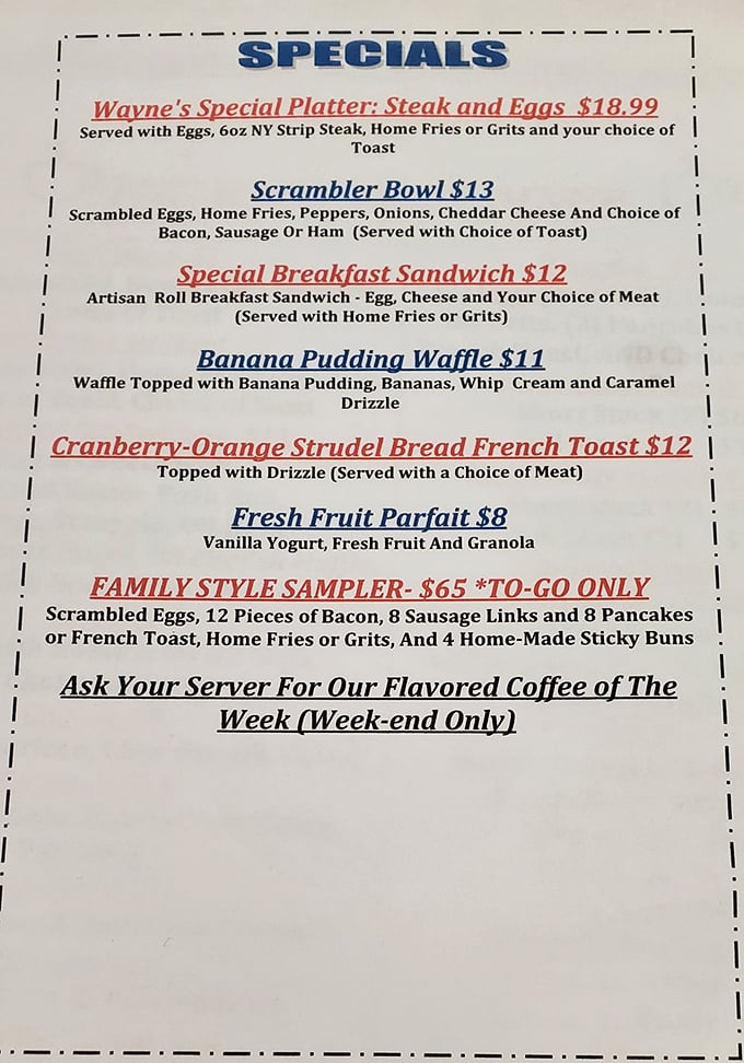 This menu isn't just a list of food—it's a roadmap to happiness. That Cranberry-Orange Strudel French Toast is calling your name.