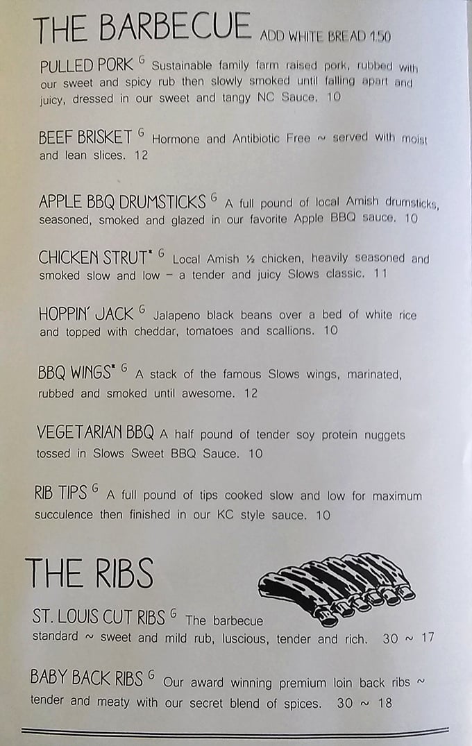 A menu that reads like barbecue poetry. Each description promises smoky nirvana with sustainable ingredients that taste as good as they sound.