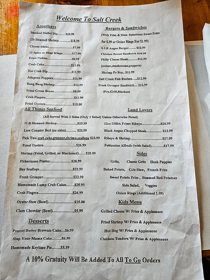 This menu isn't just a list of dishes—it's a treasure map to some of Florida's finest seafood offerings.