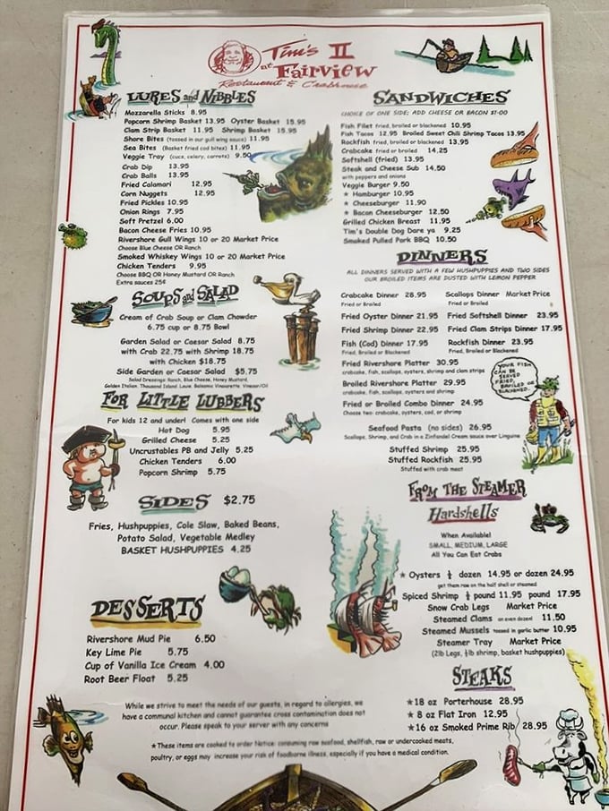 A menu illustrated with cartoon fish that seem to say, "Pick me!" Whimsical drawings and seafood treasures that make decision-making delightfully difficult.