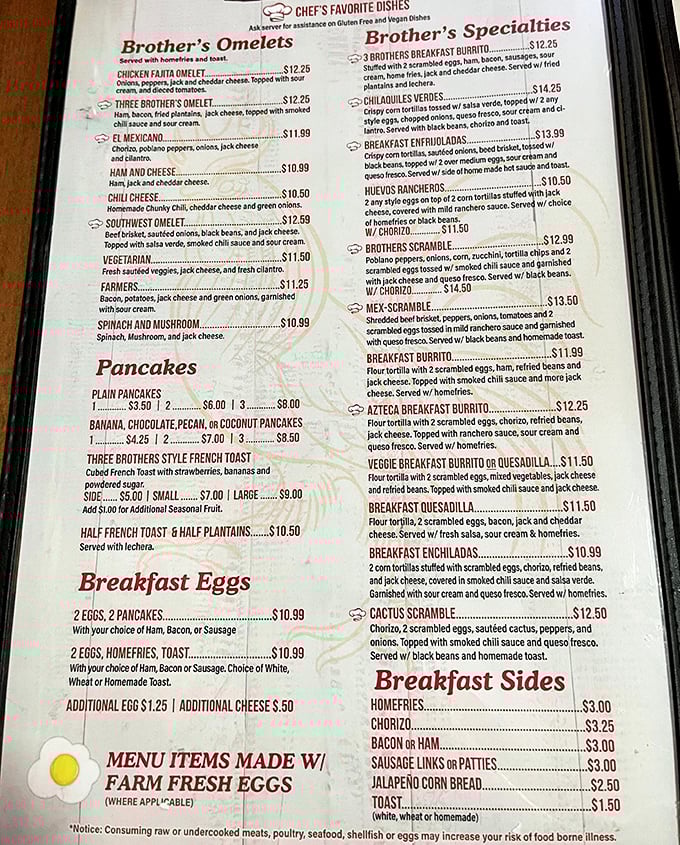 The menu reads like a love letter to breakfast enthusiasts, with omelets, pancakes, and Mexican-inspired specialties competing for your undivided attention.