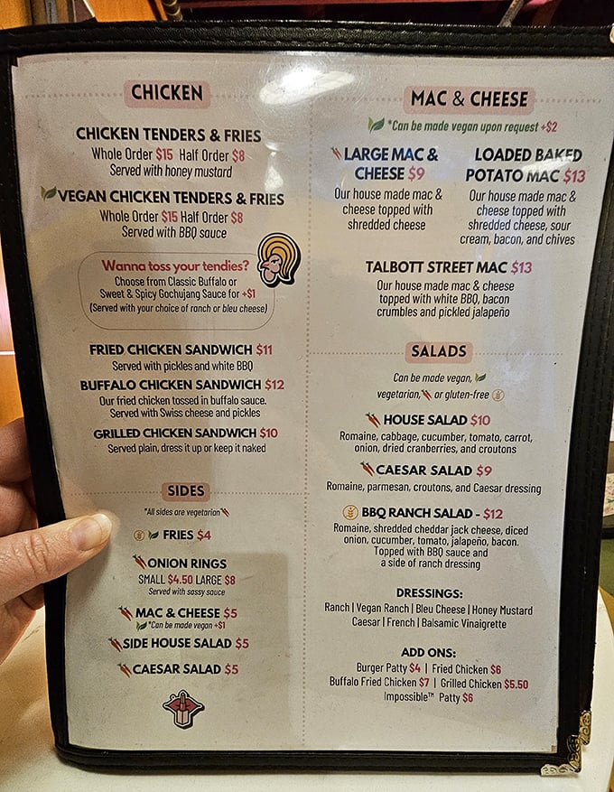 The menu reads like a love letter to comfort food classics, with enough vegan options to make your plant-based friends stop rolling their eyes.