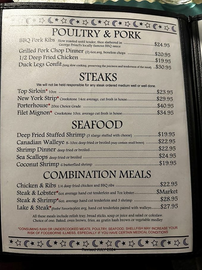 The menu tells the whole story: "We will not be held responsible for any steak ordered medium well or well done." Now that's confidence in your beef!