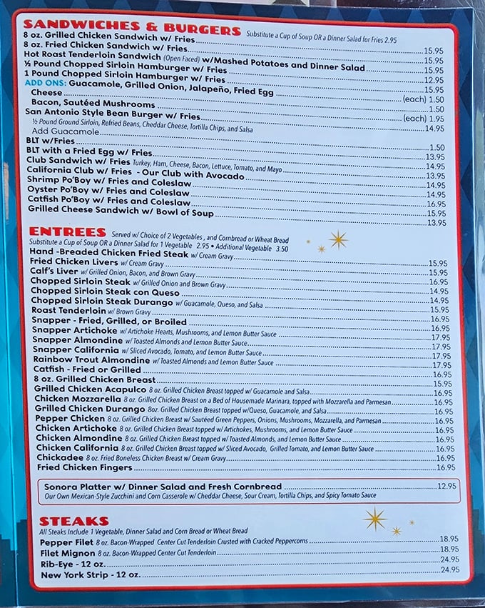 This menu isn't just a list of food – it's a love letter to Texas comfort cuisine, where chicken fried steak gets top billing and diet plans go to die.