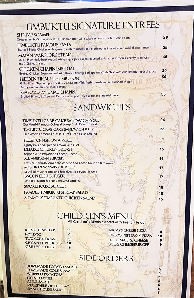 The menu reads like a love letter to Maryland cuisine, with those famous crab cakes taking center stage. No fine print needed when the food speaks this loudly.