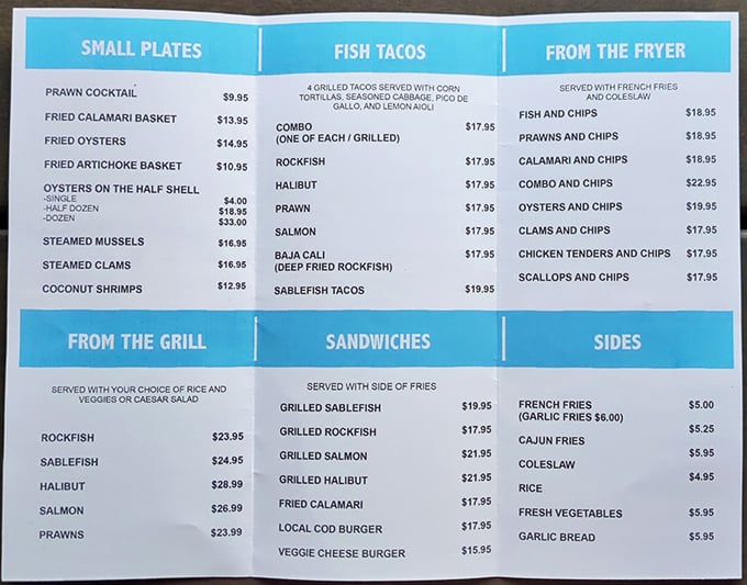 The menu reads like a love letter to the ocean—each section a different chapter in your seafood romance story.
