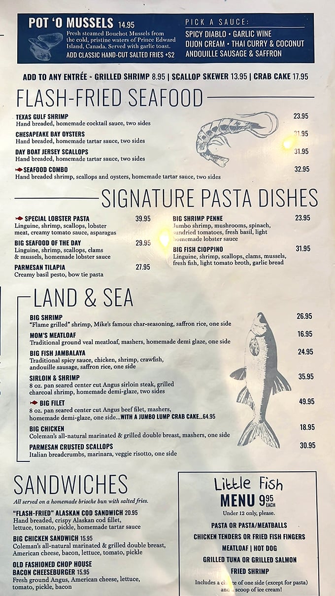 This menu reads like Neptune's personal cookbook, featuring everything from Texas Gulf Shrimp to Big Fish Cioppino.