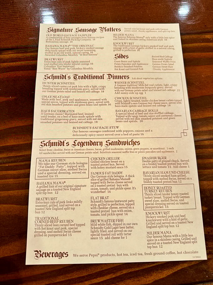 The menu reads like a love letter to German cuisine—each description promising the kind of comfort food that makes you want to hug the chef.