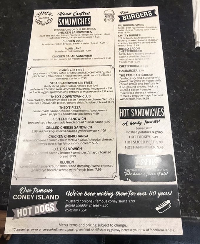 The menu reads like a love letter to American comfort food classics, with handcrafted sandwiches and those famous Coney dogs they've been perfecting since the 1930s.